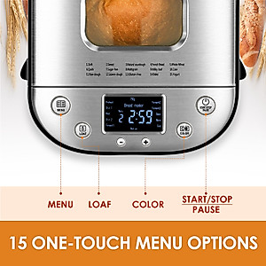 Kitchen in the box Bread Maker Machine with Gluten-Free Setting, 2LB 1.5LB 1LB Automatic Breadmaker with Homemade Cycle, 15-in-1 Stainless Steel Bread Maker with Recipes-Silver