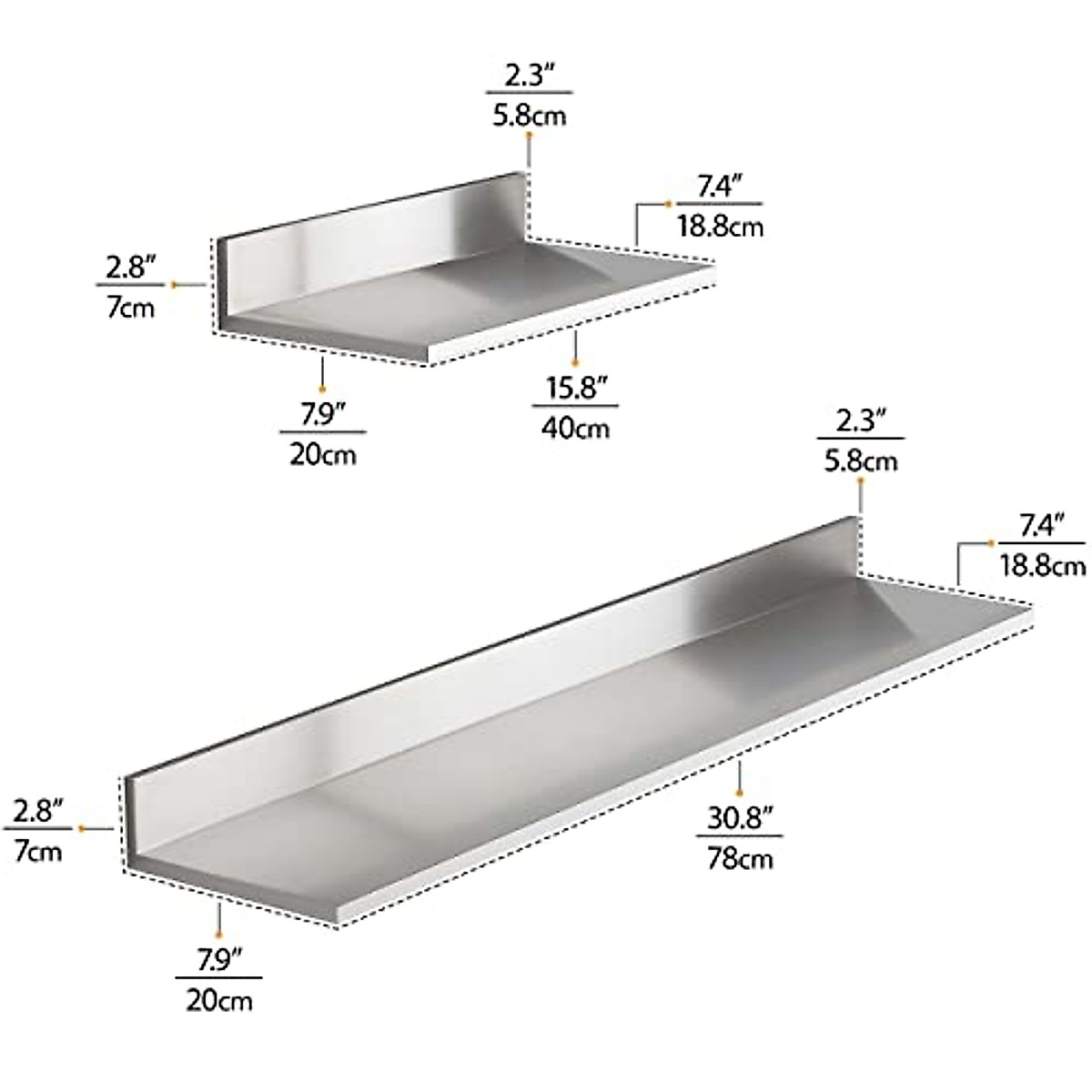 Wallniture Plat 15.8" Kitchen Floating Shelves and 30.75" Steel Shelves Bundle Restaurant Bar Cafe & Home Kitchen Organization Silver