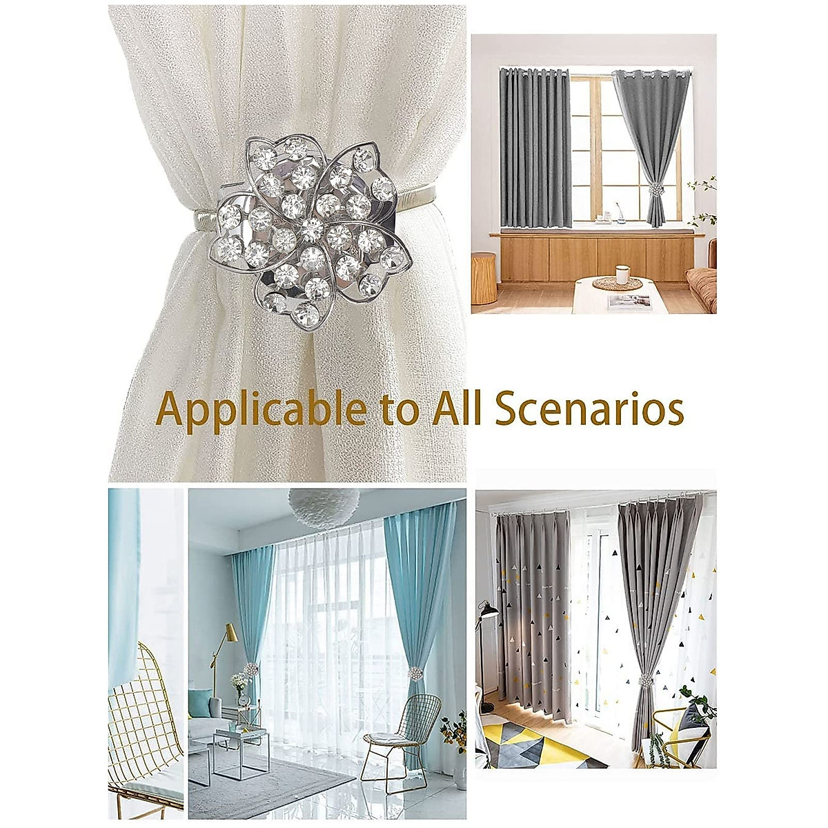 Marooma 2Pcs Magnetic Curtain Tiebacks, Sparkling Crystal Flower Curtain Buckle Clips, Convenient Drape Tie Backs Decorative Curtain Holdbacks Holder Curtain Tiebacks for Home.