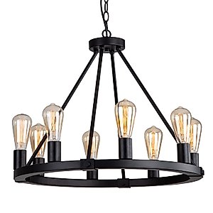 9MMML 23.6" 8 Lights Wagon Wheel Chandelier,Black Metal Round Industrial Vintage Kitchen Island Pendant Light for Living Dining Room Foyer Entryway,Height Adjustable,E26.