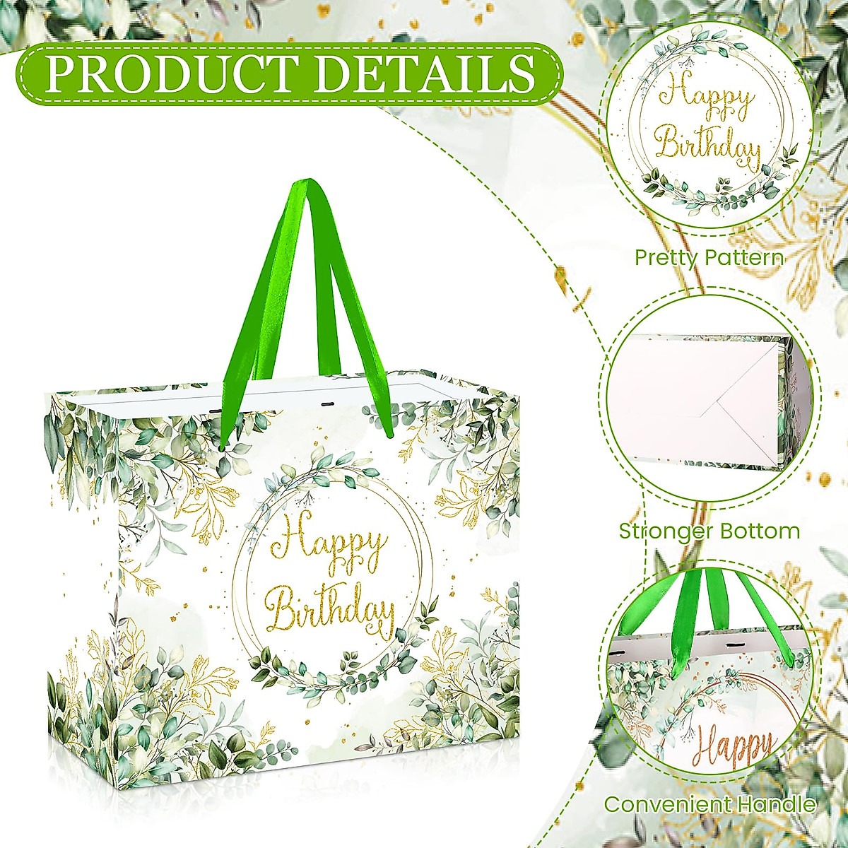 Sage Green Birthday Gift Bag Large Happy Birthday Paper Bags with Tissue Paper and Greeting Cards Eucalyptus Birthday Wrapping Paper Bag Goodie Bags for Girls Boys Birthday Party Decorations Supplies
