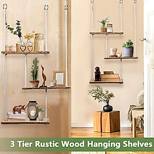 OriCre Floating Shelves Boho Wall Shelves 3 Tier Rustic Wood Hanging Shelves Adjustable Rope Shelf for Boho Aesthetic Room Decor Bedroom/Living Room/Bathroom/Kitchen/Corner/Plant,Book,Décor