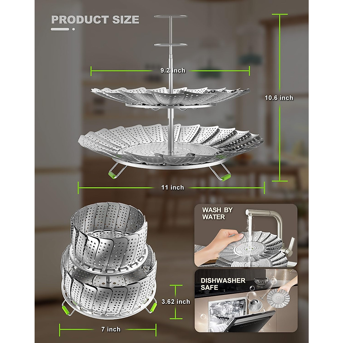 LANVIYA Vegetable Steamer Basket,2 Layer Large Capacity Food Steamer for Cooking,Stainless Steel Folding Expandable Steamers to Fit Various Size Pot,Multi-function Kitchen Basket for Baby Food