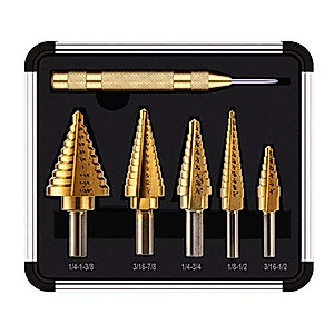 Knoweasy Step Drill Kit - 5PCS HSS Titanium Step Drill with Automatic Center Punch and 50 Sizes of High-Speed Steel Step Drills for Multiple Hole Drilling