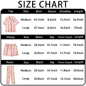 kwaya Women's Cotton Pajamas - 3Pcs Sets, Cute Cartoon Print Sleepwear - Soft Button Up Short Sleeve Shirt with Casual Long Pants & Short Lounge Sets Pink