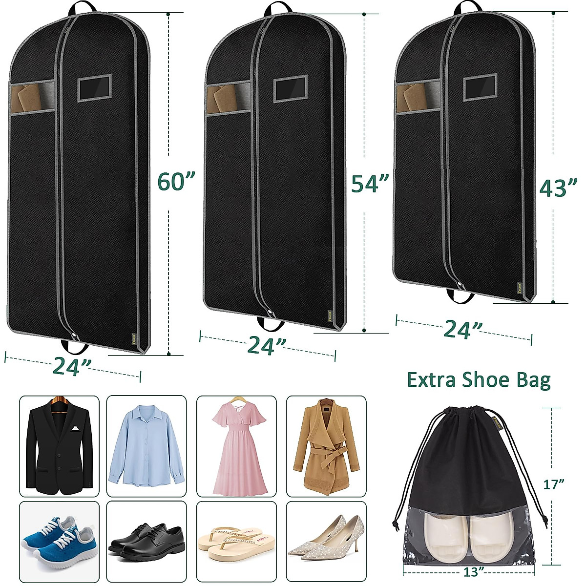 BALEINE 1PK Heavy Duty Garment Bag with Shoe Storage Travel Bag for Dresses, Suit, Coats Travel Essential (60", Black)