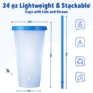 Meoky Plastic Cups with Lids and Straws - 6 Pack 24 oz Tumblers Bulk for Iced Coffee, Reusable Color Changing Cups for Party, Car, Women, Adults, BPA-free (Blue)