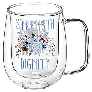 Christian Art Gifts Double Wall Insulated Clear Glass Coffee and Tea Mug for Women: Strength and Dignity - Proverbs 31:25 Inspirational Bible Verse, Hot and Cold Beverage with Handle, Pink, 10 oz.