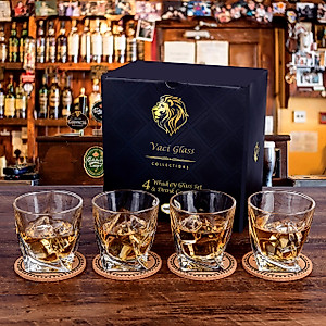 VACI GLASS Crystal Whiskey Glasses - Set of 4 - with 4 Drink Coasters, Crystal Scotch Glass, Malt or Bourbon, Glassware Set