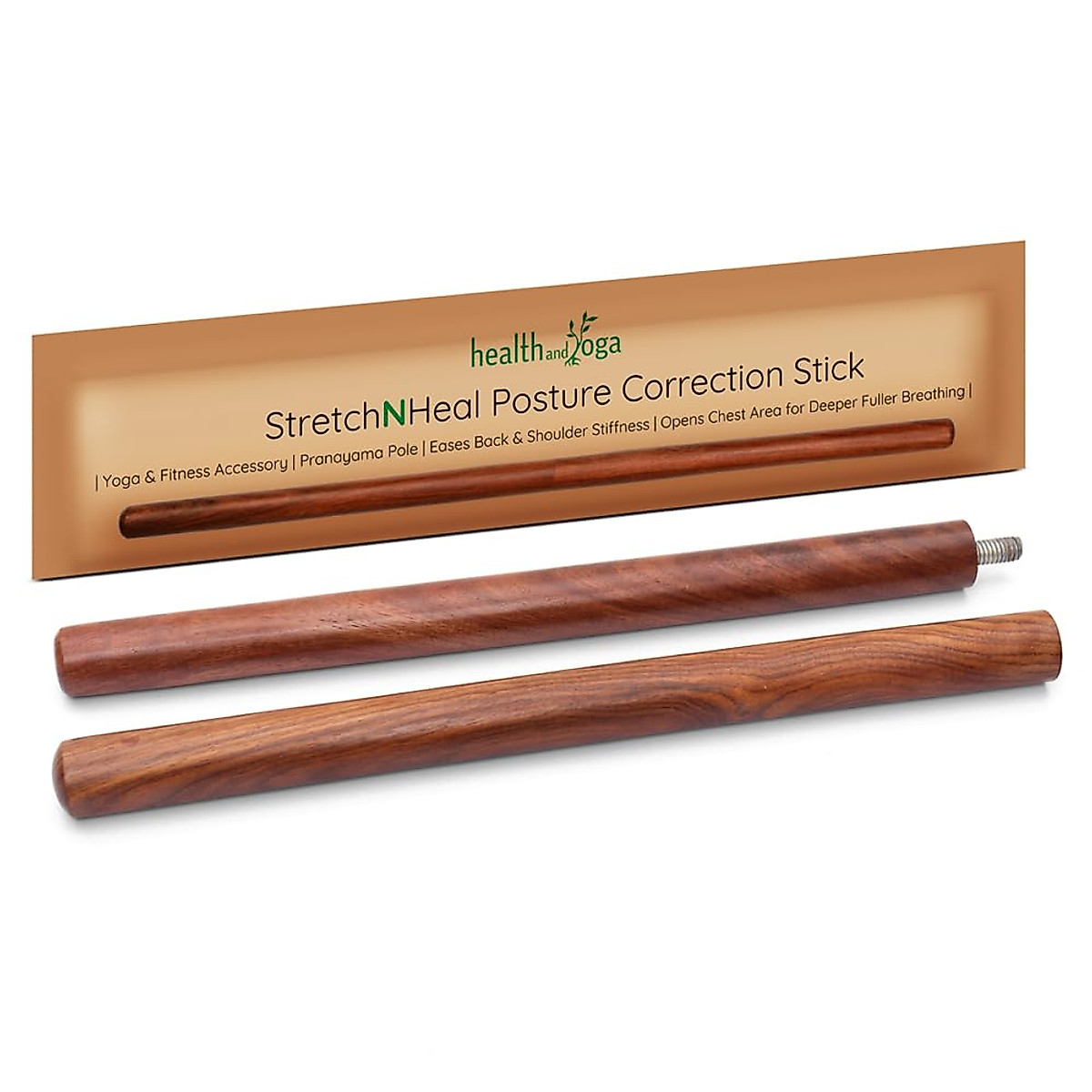 HealthAndYoga™ StretchNHeal Multi-Use Wooden Yoga Stick - Portable Posture Corrector Pole, Stretch and Mobility Stick,Physical Workout Exercise Dowel (Regular - 26")
