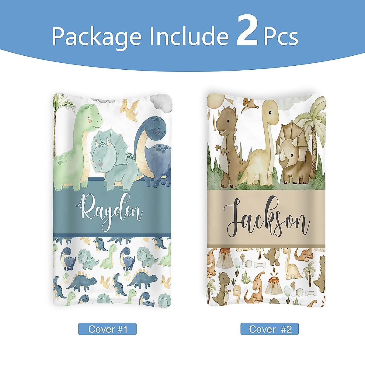 Personalized Changing Pad Cover, Custom Diaper Change Table Sheets with Name, Soft Dinosaur Jersey Knit Dinosaur Printed Cradle Sheet for Boys Girls, 2 Pack Changing Pad Covers (16" x 32")