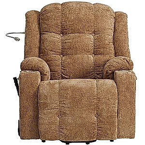 Creatuis Large Lift Recliner Chair for Elderly with Massage and Heat Lay Flat Electric Power Lift Chair LED Reading Light USB Port Cup Holders Side Pocket Plush Chenille (Light Brown)