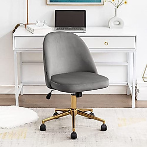 Duhome Cute Armless Home Office Chair，Swivel Desk Chair Velvet Upholstered Chair Rolling Computer Chair with Backrest Golden Base，Adjustable Vanity Chair with Wheels for Teens Adults，Grey