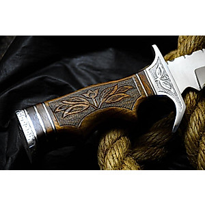 2a's Knives Handmade D2 Steel Bowie Knife with Sheath, This Cutting Knife has Hand Engraved Wood Handle.