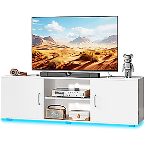 Huuger TV Stand for 55 Inch TV, Entertainment Center with LED Lights, 2 Cabinets, TV Console Media Cabinet with 6 Cable Holes, White TV Stand for Living Room, Bedroom