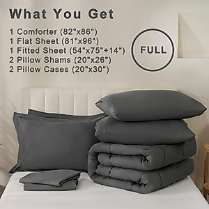 DOWNCOOL Full Size Comforter Sets, 7Pcs Full Size Bedding Sets Grey, All Season Down Alternative Bedding Comforter Sets with Comforter, Flat Sheet, Fitted Sheet, 2 Pillow Shams & 2 Pillowcases
