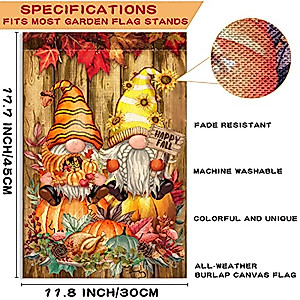 JOPHMO Fall Garden Flag, Happy Fall Gnomes Pumpkins Small Garden Flags 12x18 Inch, Double Sided Vertical Burlap Yard Flag Home Seasonal Outdoor Decor