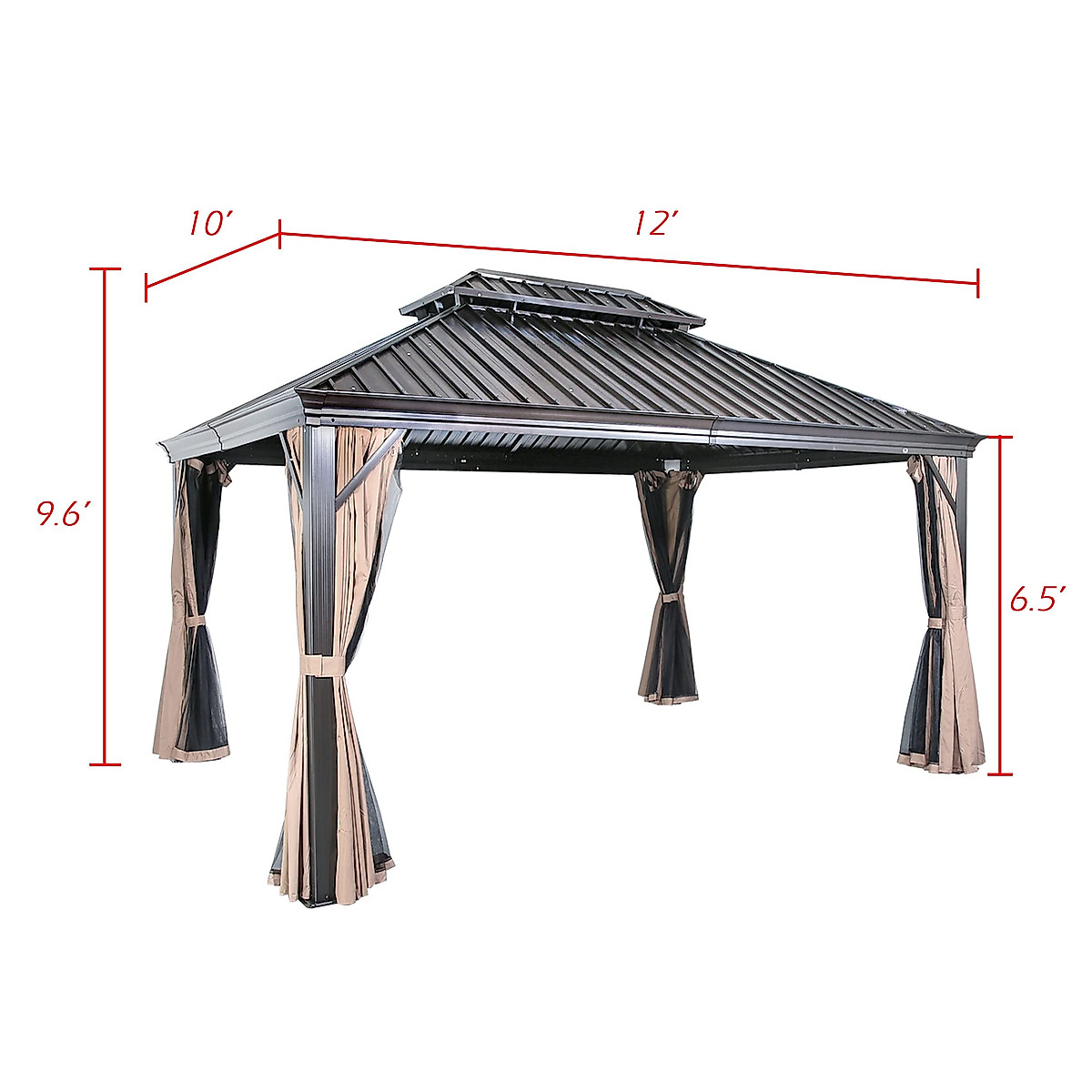 Patio Tree 10' x 12' Patio Gazebo Non-Rust Aluminum Outdoor Hardtop Permanent Pergola Shelter Tent with Galvanized Steel Canopy Roof, Mosquito Netting and Privacy Curtain