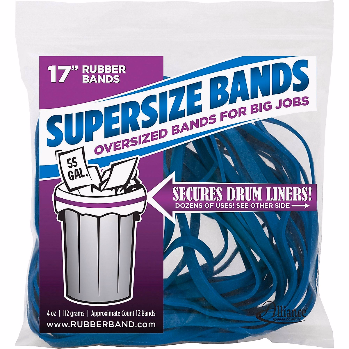 Alliance Rubber 08995 SuperSize Bands, 17" Blue Large Heavy Duty Latex Rubber Bands (4 ounce resealable bag contains approx. 12 bands)