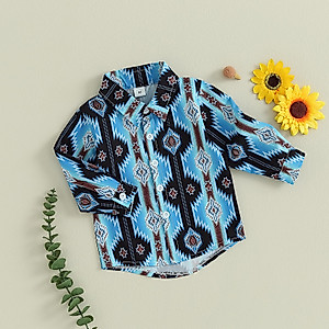 Western Baby Boy Clothes Long Sleeve Cow Print Shirts Button Down Lapel Tops Tees Fall Winter Clothes 6M-4T (Blue, 3-4 Years)