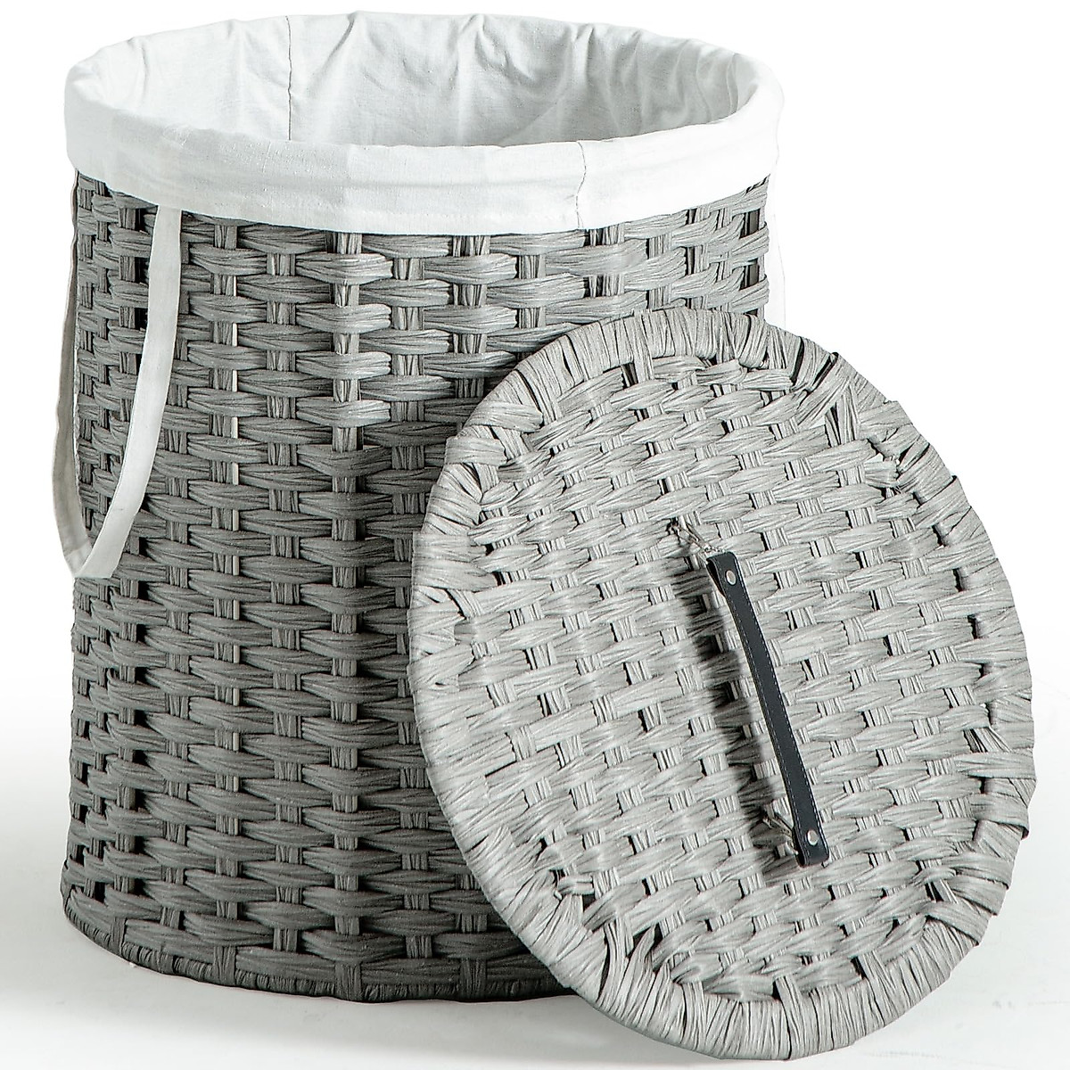 KUREEISE Laundry Basket with Lid, Handwoven Rattan Laundry Hamper, No Install Needed, 26.5 Gal (100L) Round Clothes Hamper with Removable Bag & Handles, Foldable Storage Basket