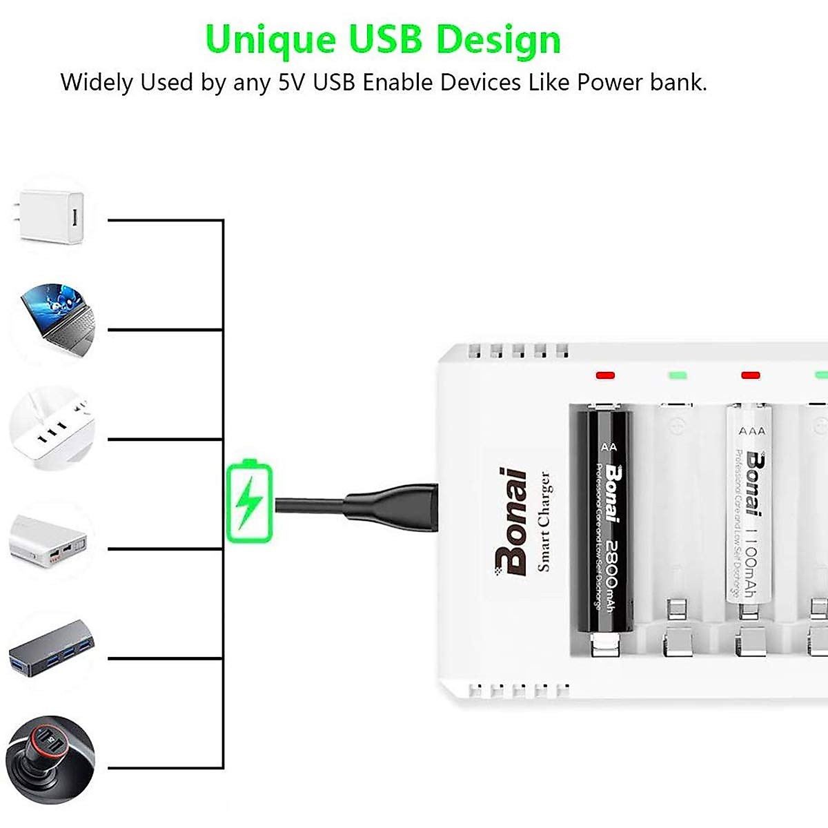 BONAI AA Rechargeable Batteries with Charger 8 Pack 2800mAh High Capacity Ni-MH Rechargeable AA Batteries with Charger AA Set (8-Slot Charger with USB & Independent Design for AA AAA)