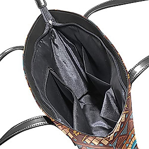 Leather Tote Bag for Women with Zipper Handbags Shoulder Bag African Print Geometric Ethnic Brown Pockets Work Travel Small Office Business