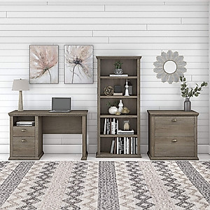 Bush Furniture Yorktown Home Office Desk with Lateral File Cabinet and 5 Shelf Bookcase, 50W, Restored Gray