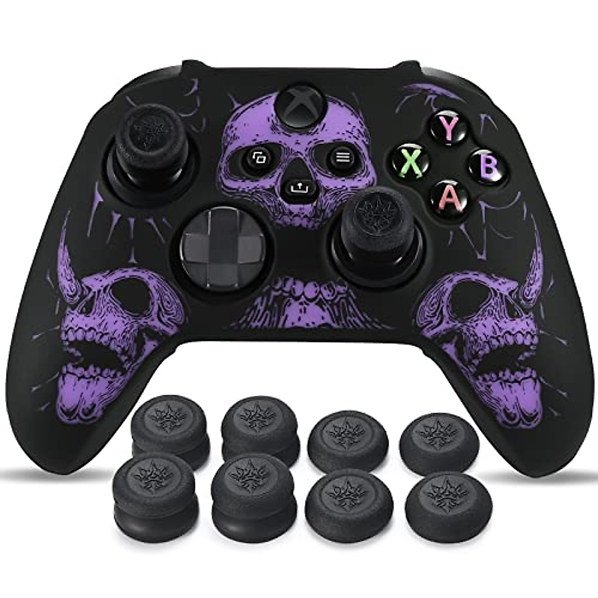 YoRHa Laser Carving Silicone Skin for Xbox Series X/S Controller x 1(Skulls Purple) with Exclusive Thumb Grips x 8