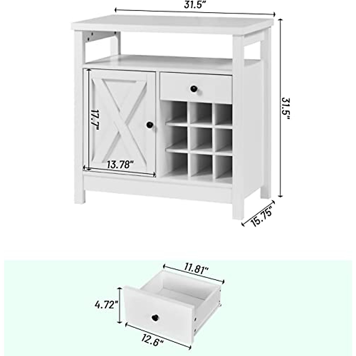 4ever2buy Farmhouse Coffee Bar Cabinet with 9 Wine Racks, Kitchen Sideboard Buffet Cabinet with Barn Door, White Coffee Bar with Storage, Wine Bar Cabinet with Adjustable Shelf for Dining Living Room