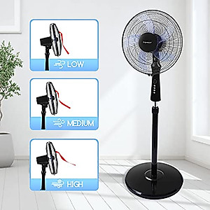 Aigostar 16“ Standing Fan, 5-Blade Oscillating Pedestal Fan with Remote Control, 3 Speed Settings, 3 Wind Modes, 7.5H Timer, Adjustable Height Cooling Fan for Bedroom, Home, Office, Black