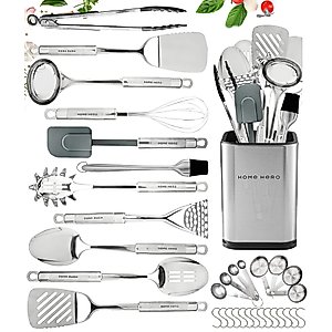 Home Hero 32 Pcs Stainless Steel Kitchen Utensils Set - Nonstick Stainless Steel Cooking Utensils Set - Heat Resistant Kitchen Essentials & Metal Kitchen Gadgets (32 Pcs Set with Utensils Holder)