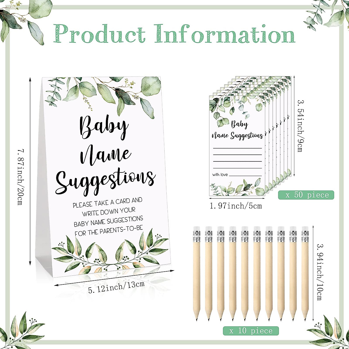 61 Pieces Baby Shower Games Include Greenery Baby Name Suggestion Sign and 50 Baby Shower Name Suggestion Cards with 10 Pencils for Baby Shower Party Decor