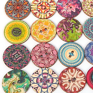 Mahaohao 100pcs Mixed Random Flower Painting Round 2 Holes Wood Wooden Buttons for Sewing Crafting 20mm