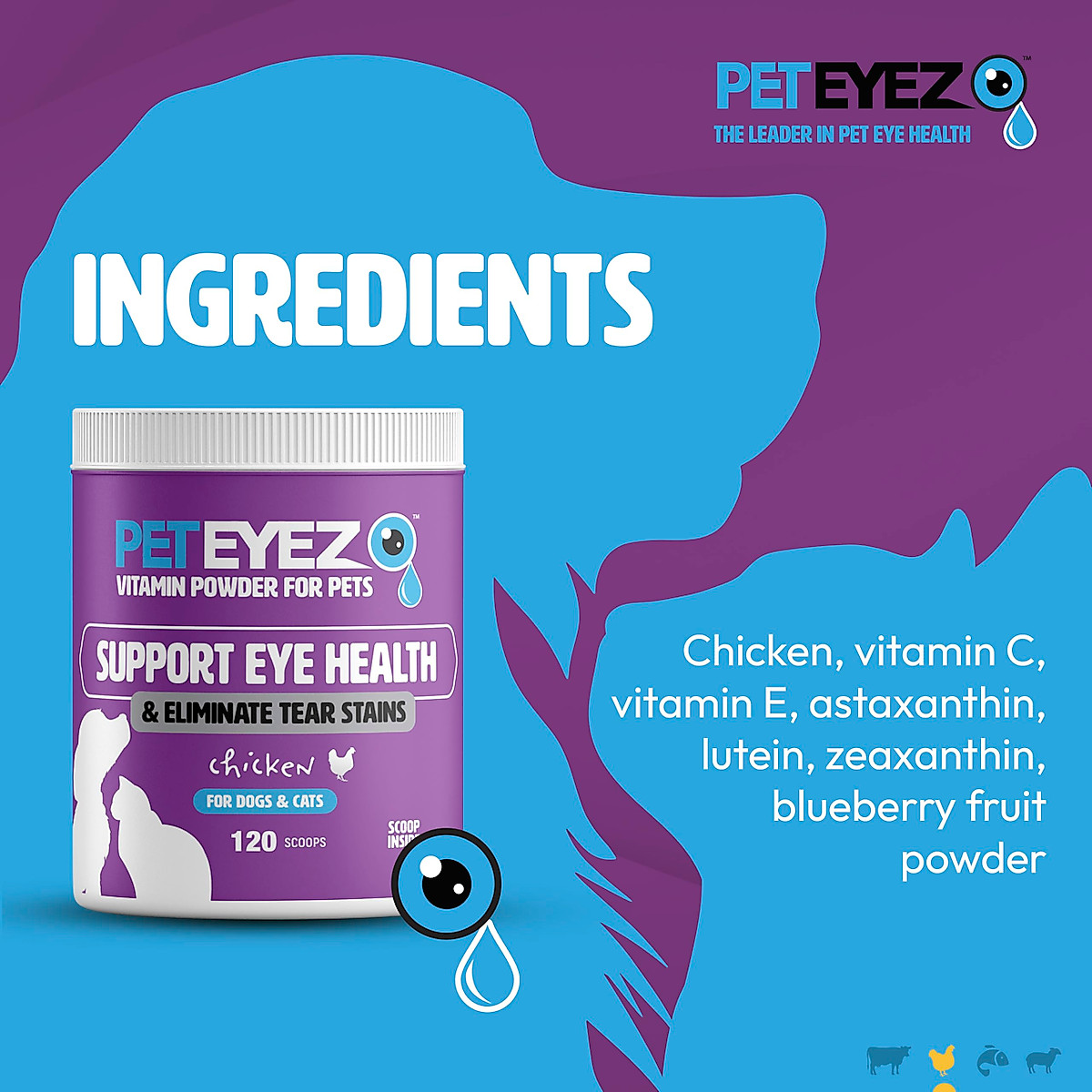 Pet Eyez Vitamin Powder for Pets - Supports Eye Health & Reduces Tear Stain Buildup - 100% Natural Food Topper for Dogs & Cats with Superfoods, Antioxidants & Nutrients - Chicken Flavor - 120 Scoops