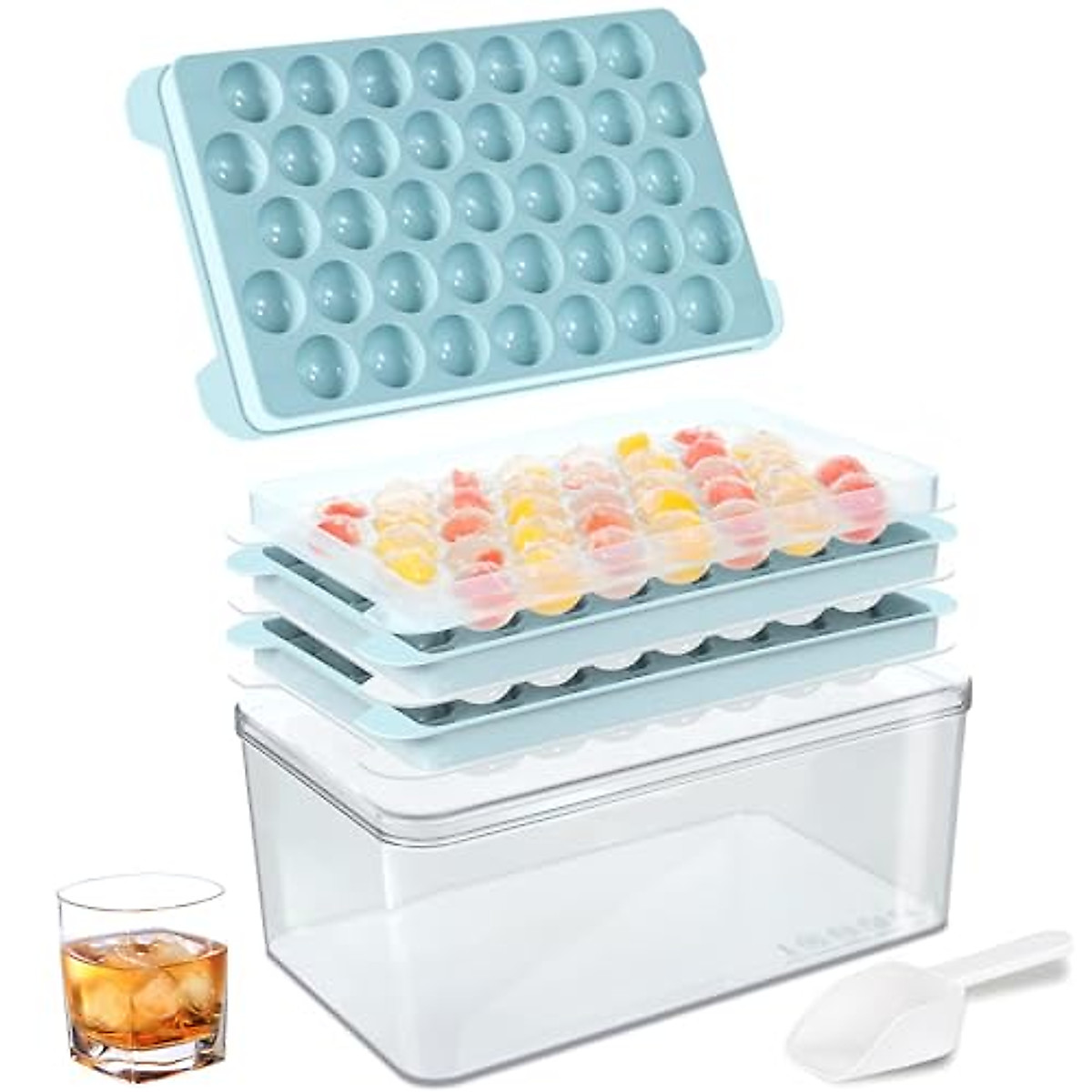 Ice Cube Tray, 3 Packs Round Ice Cube Trays for Freezer, Easy-Release 1 IN X 111 Pcs Ice Ball Maker Mold with Removable Lid and Bin Making Ice Balls for Tea Coffee Cocktail Whiskey (Blue)