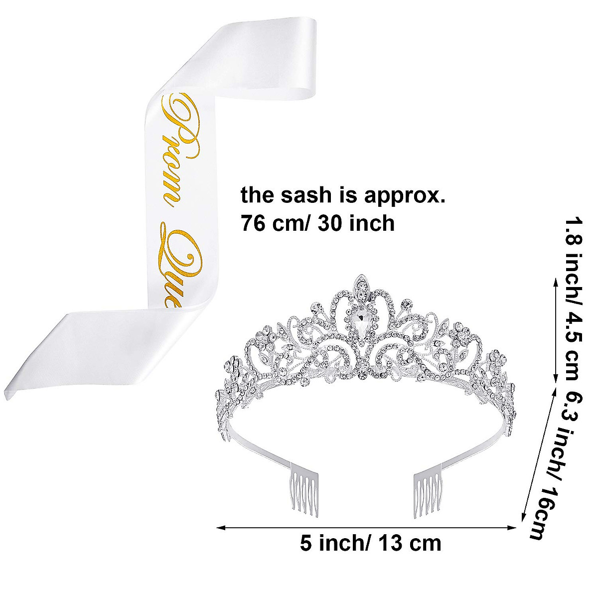 WILLBOND 2 Pcs Prom Queen Sash and Tiara Set Prom Sash Rhinestone Crystal Tiara Crown with Comb for Wedding Graduation and Prom Party Supplies, Silver