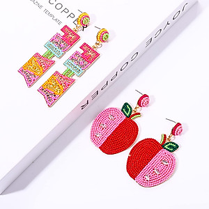 2 Pairs Teacher Earrings for Women, Beaded Fri-Yay Pencil Earrings Drop Dangle Earrings Teacher Appreciation Gifts Teacher Jewelry Gifts (FRI-YAY&Apple)