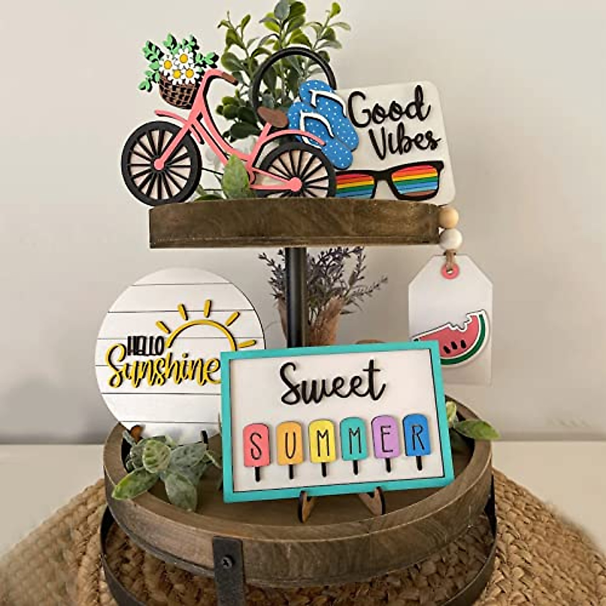 Summer Tier Tray Decor Summer Decor Summer Time Hello Summer Hierarchical Tray Decorative Set Summer Wooden Decorative Wooden Kitchen Hierarchical Kitchen Pictures (Blue #7, One Size)