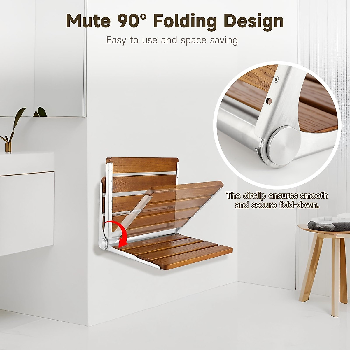 Folding Teak Shower Seat Wall Mounted, Hybodies Waterproof Wood Shower Bench, Wall Mounted Fold Down Wood Stool, Home Care Shower Chair Bench for Pregnants Seniors, Maximum Load 440lb