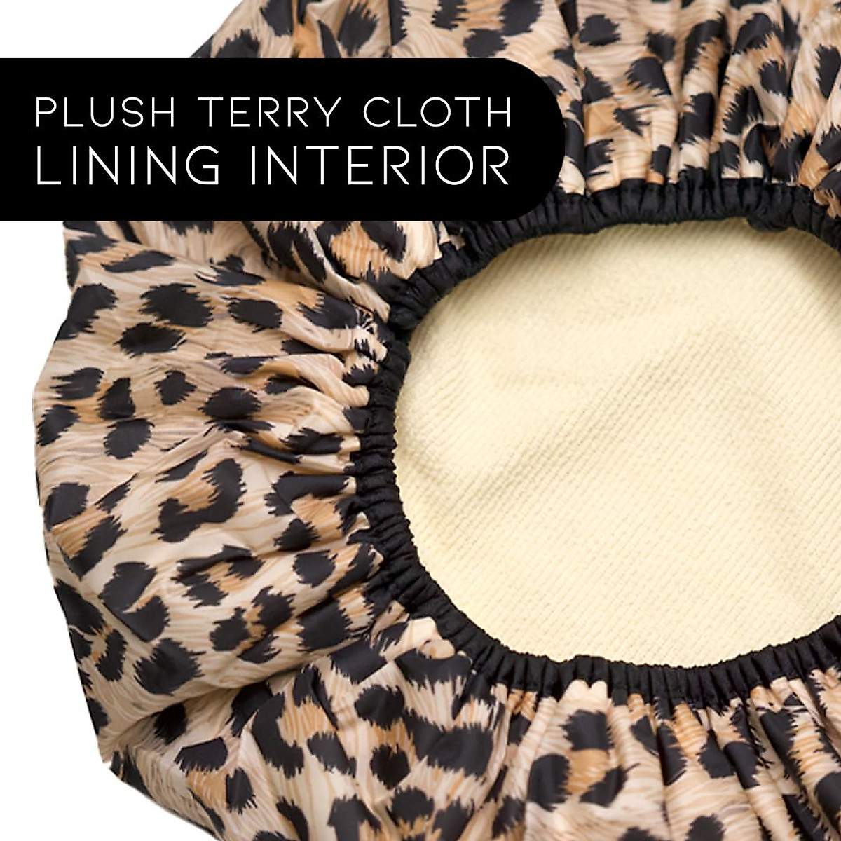 Reusable Nylon Shower Cap & Bath Cap, Reversible Oversized Waterproof Shower Caps Large Designed for all Hair Lengths w Terry Lining & Elastic Band Stretch Hem Hair Hat - Socialite Safari Spots