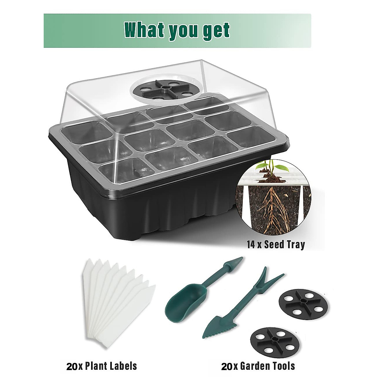 14 Packs Seed Starter Tray, 168 Cells Total Tray, Seed Starting Kit with Adjustable Humidity Dome and Base Plant Starter Kit Mini Greenhouse Germination Kit with 2 Garden Tools and 20 Plant Labels