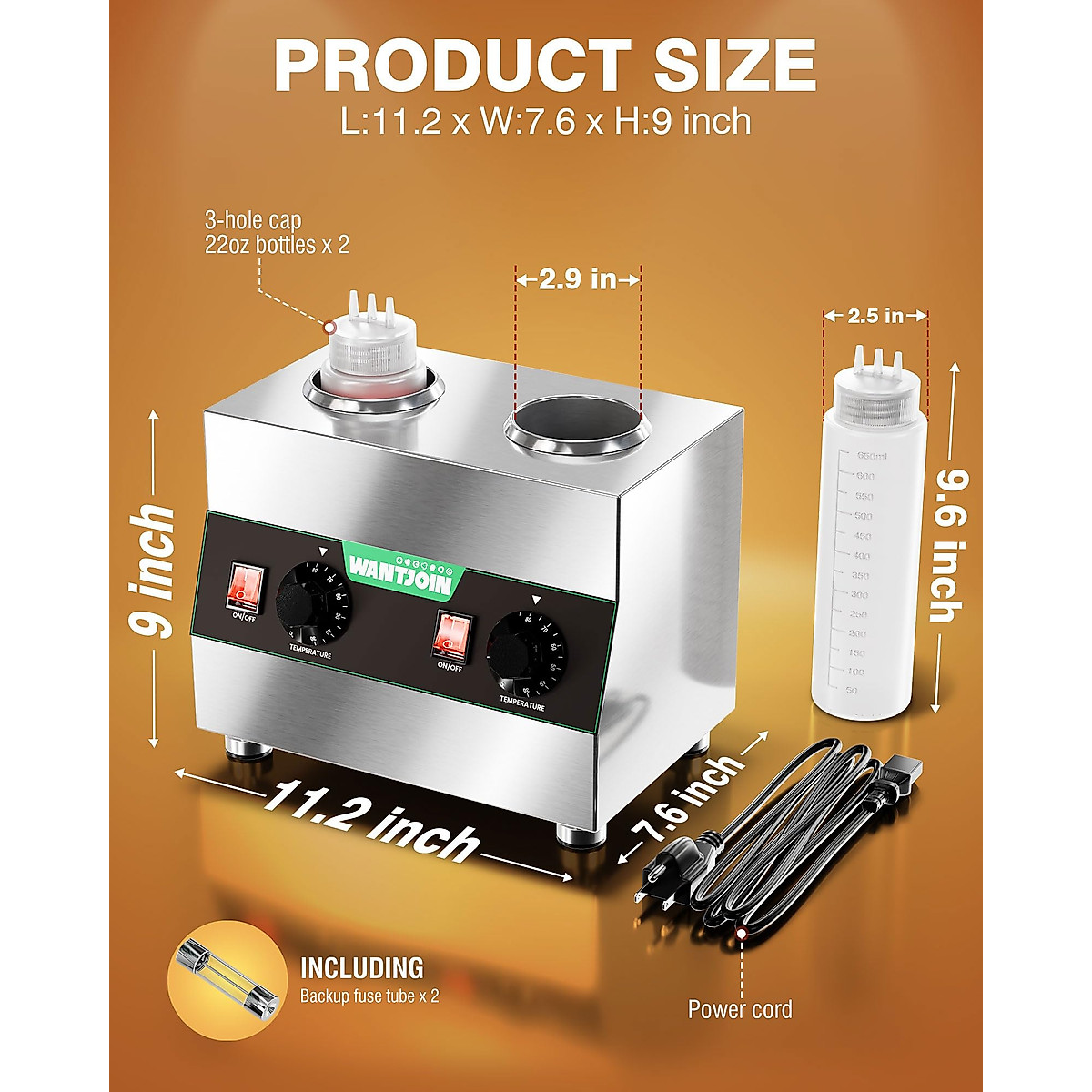 WantJoin Electric Sauce Warmer Dispenser - Countertop Stainless Steel Sauce Heat Preservation Machine 320W Hot Fudge Nacho Cheese Ketchup Chocolate Warmer for Commercial with 650ml Squeeze Bottle*2