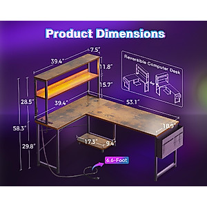 AODK L Shaped Desk Gaming Desk with LED Light & Power Outlet, 53 Inch Reversible L Shaped Computer Desk with Shelf, Corner Desk with Storage Bag&Hook for Home Office Desk, Vintage