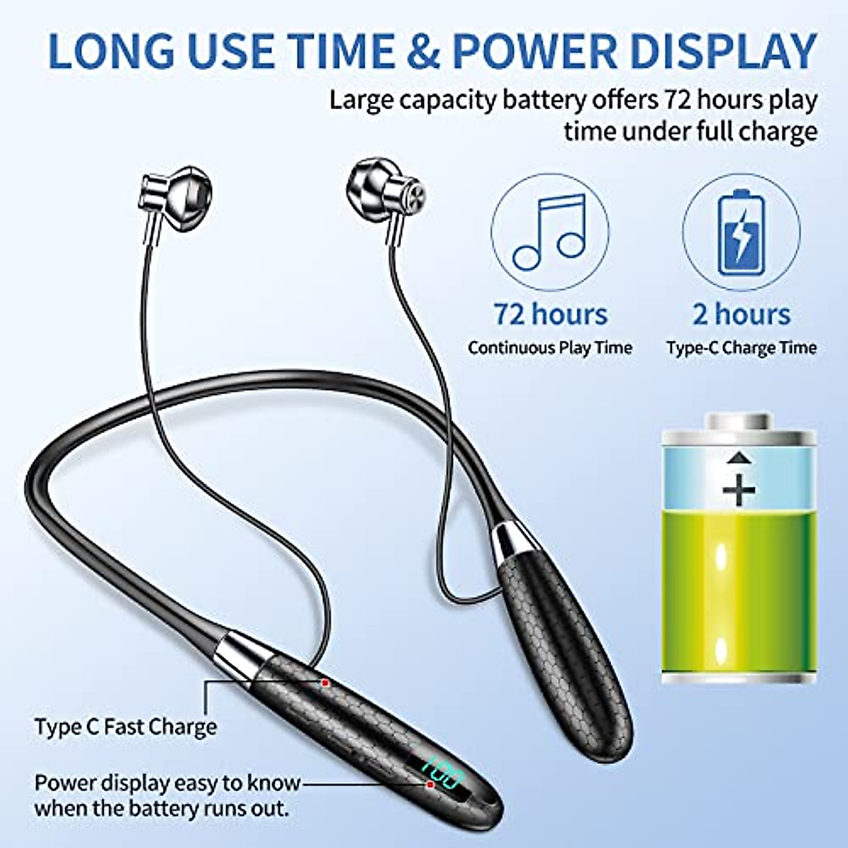 WESADN Neckband Bluetooth Headphones Wireless Earbuds in Ear Headset with Microphone 72H Playtime Noise Cancelling Stereo IPX6 Waterproof Earphones for Sports Running Workout for iPhone Android K45