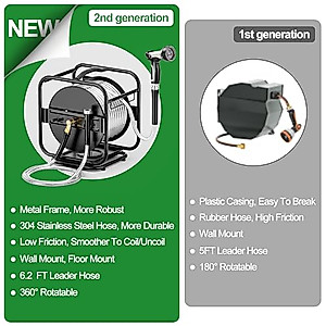 SPECILITE Heavy Duty Metal Garden Hose Reel With 100 Ft 304 Stainless Steel & 9-Pattern Metal Nozzle, 360° Rotation Frame,Wall Mount/Floor Hose Reel,