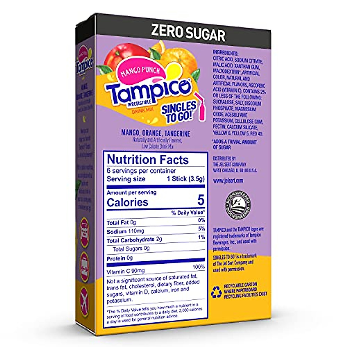 Tampico Singles To Go Drink Mix Packets, Mango Punch, Zero Sugar, Low Calorie, 100% DV of Vitamin C per Serving, Convenient, On-The-Go Water Enhancers, 6 sticks, Pack of 1