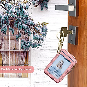 Keychain wallet with ID Window, Credit Card Holder with Zipper Card Wallet Women with Gift Box Packing(Light Pink)