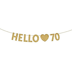 Gold Hello 70 Birthday Banner, Gold Glitter Happy 70th Birthday Party Decorations, Supplies