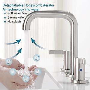 RKF Bathroom Faucets for Sink 3 Hole Brushed Nickel 8 inch Widespread Bathroom Sink Faucet with Drain Double Lever Handle Faucet Bathroom Vanity Faucet Basin Mixer Tap Faucet with Hose&Deck CWF028-BN